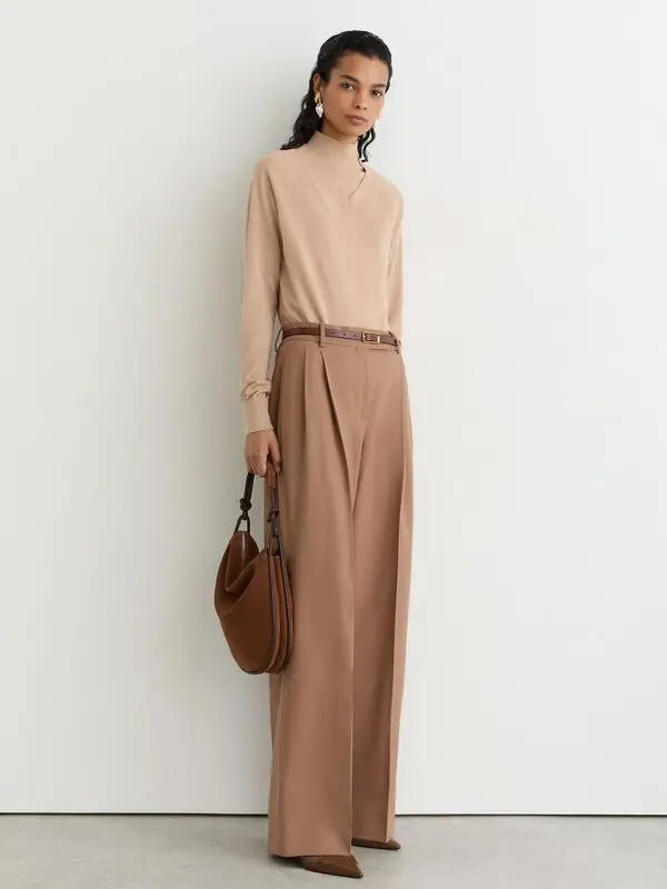 REISS Merino Wool V-neck Jumper - Camel