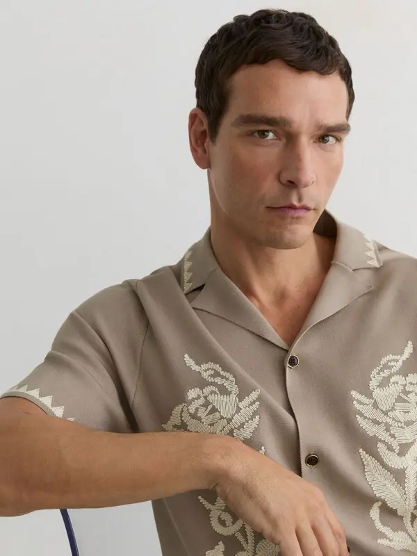REISS Floral-embroidered Knitted Shirt
