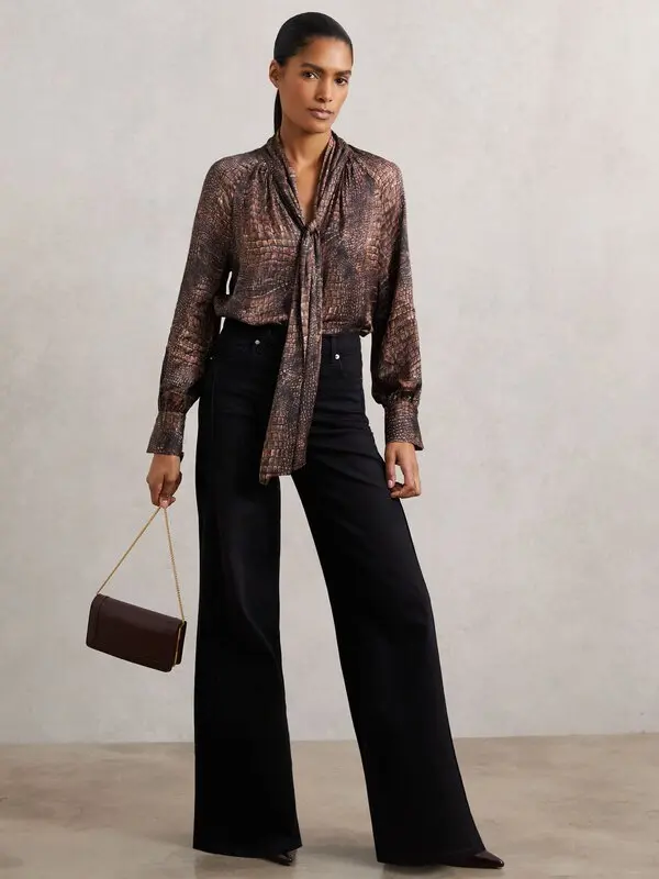 REISS Crocodile-print Tie-neck Blouse