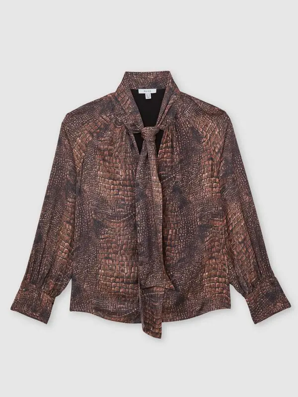REISS Crocodile-print Tie-neck Blouse