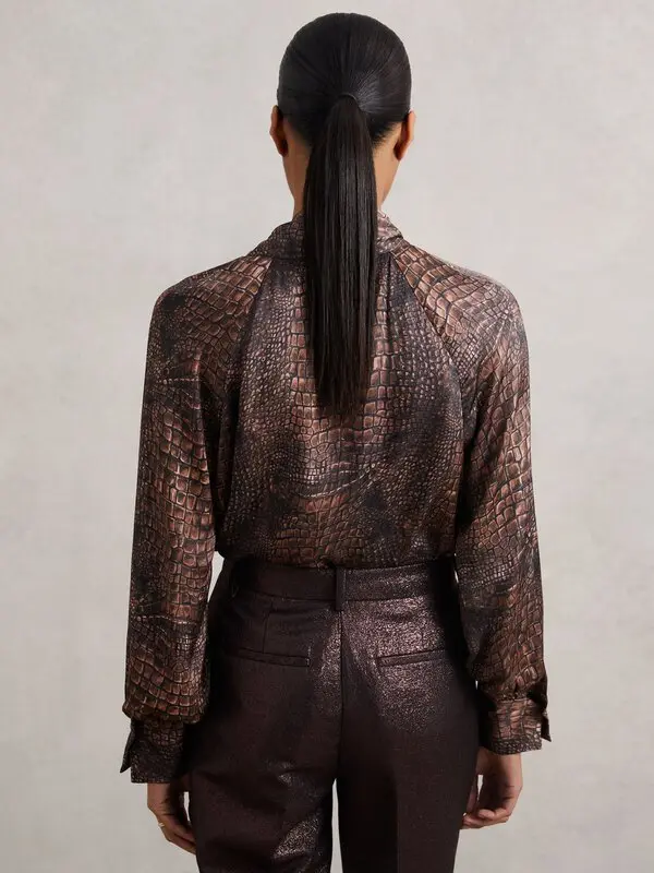 REISS Crocodile-print Tie-neck Blouse