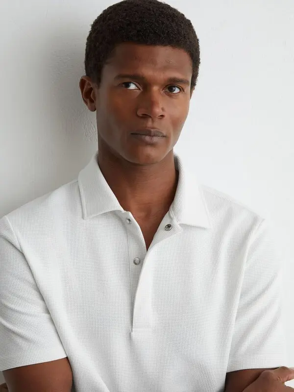 REISS Textured Concealed-placket Polo Shirt - White