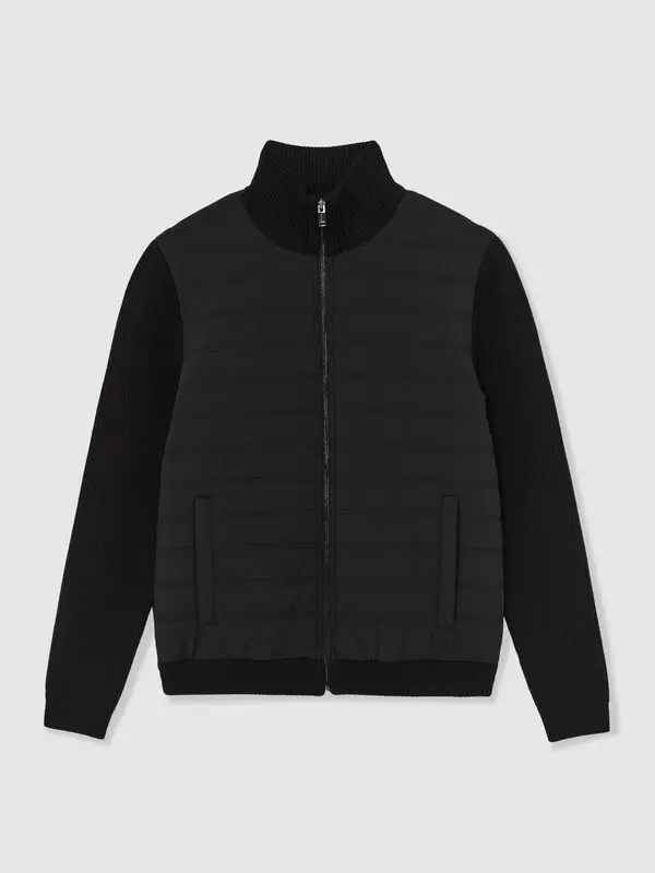 REISS Quilted Rib-knit Funnel-neck Jacket - Black