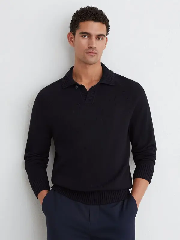 REISS Cotton Open-collar Polo Jumper - Navy