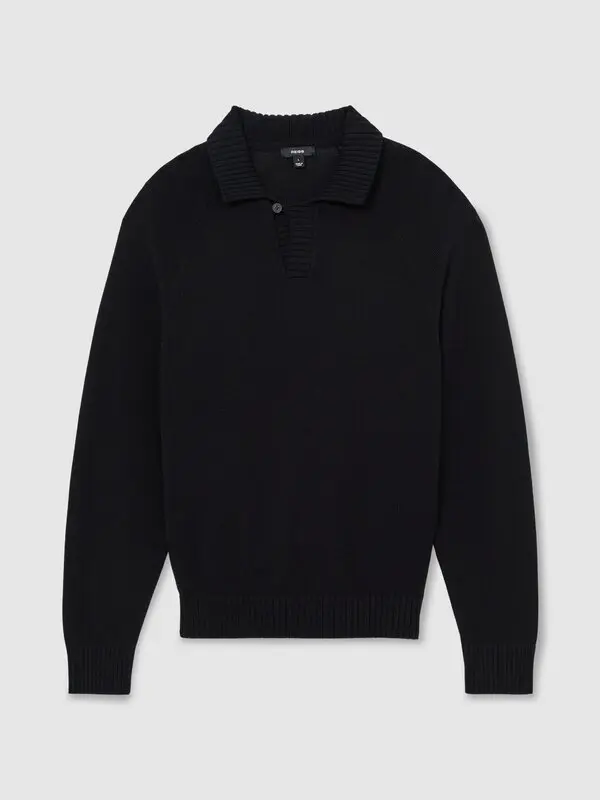 REISS Cotton Open-collar Polo Jumper - Navy