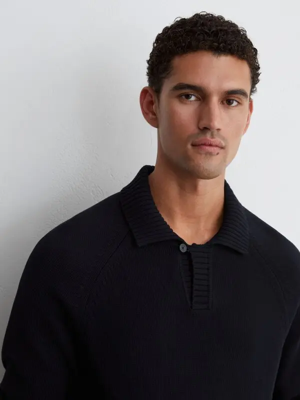 REISS Cotton Open-collar Polo Jumper - Navy