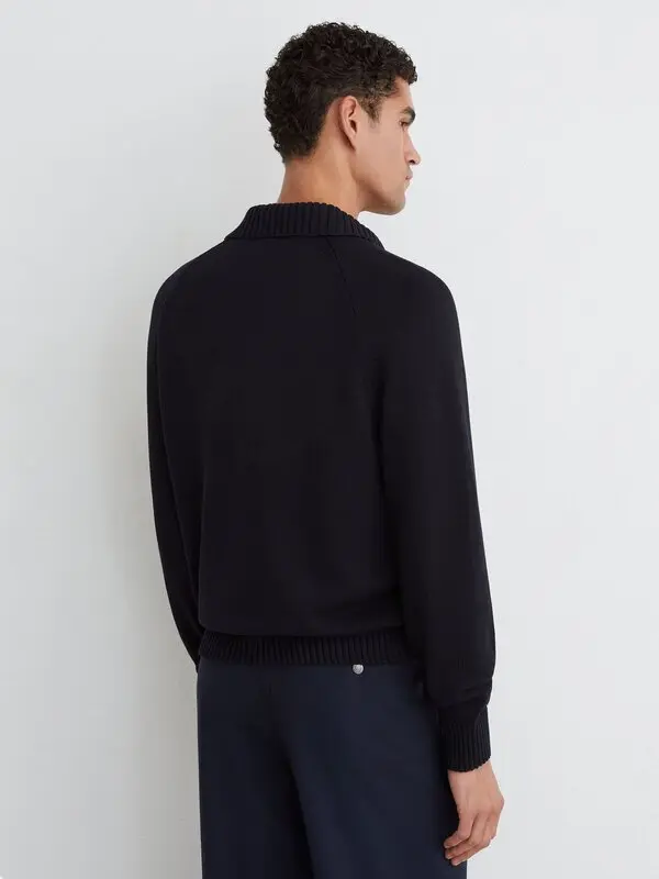 REISS Cotton Open-collar Polo Jumper - Navy