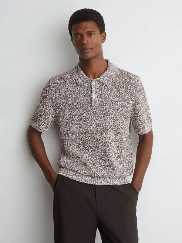 REISS Bordeaux & Ecru Cotton-blend Half-button Marled Polo - White/camel