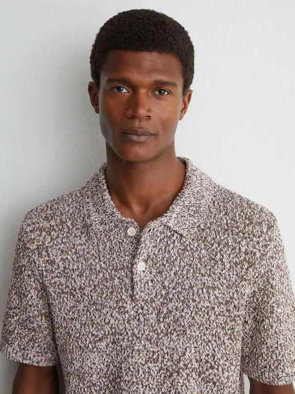 REISS Bordeaux & Ecru Cotton-blend Half-button Marled Polo - White/camel