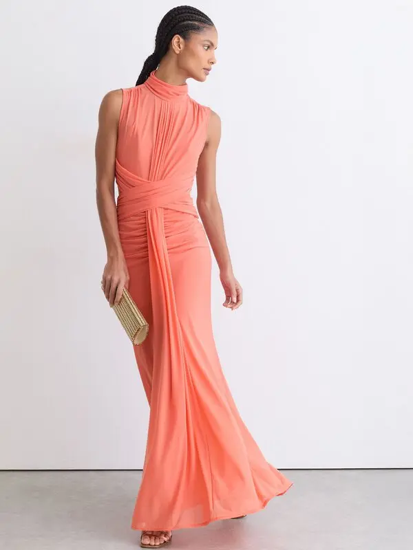REISS Sheer Ruched Sleeveless Maxi Dress - Orange