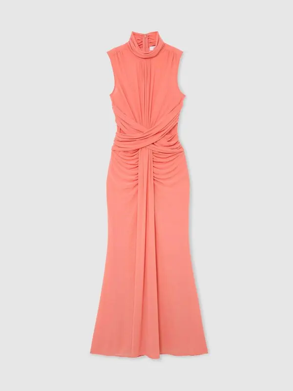 REISS Sheer Ruched Sleeveless Maxi Dress