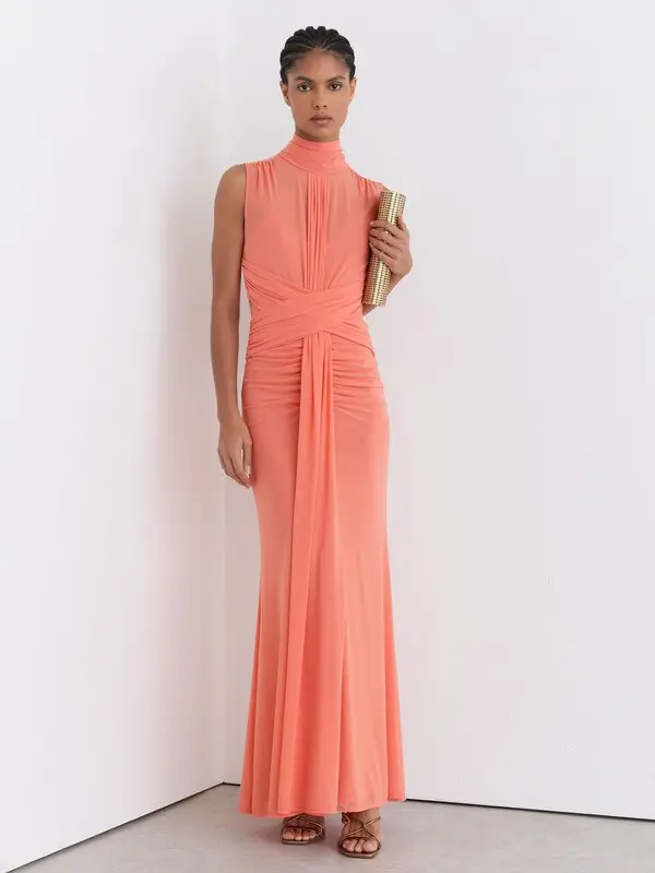 REISS Sheer Ruched Sleeveless Maxi Dress