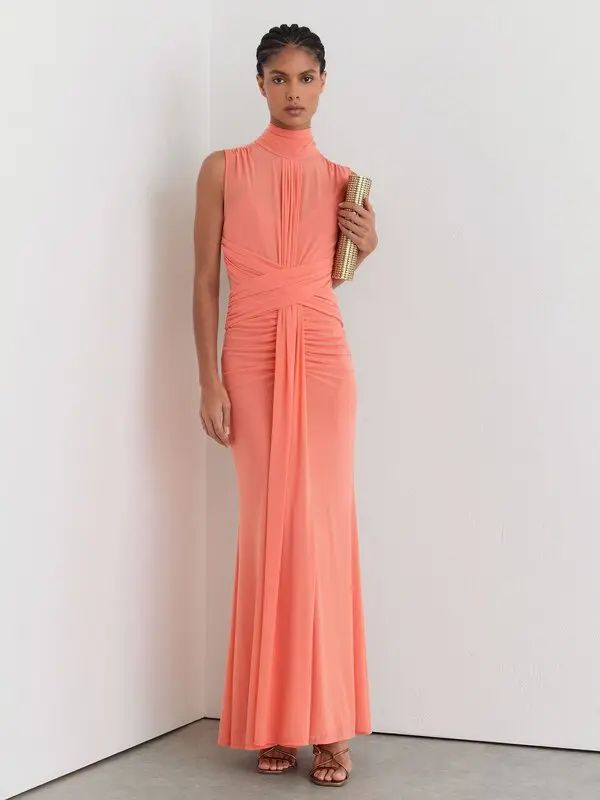 REISS Petite Sheer Ruched Sleeveless Maxi Dress - Orange