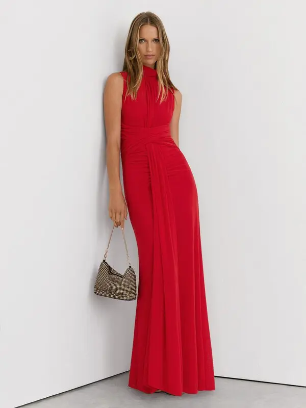 REISS Sheer Ruched Sleeveless Maxi Dress - Red