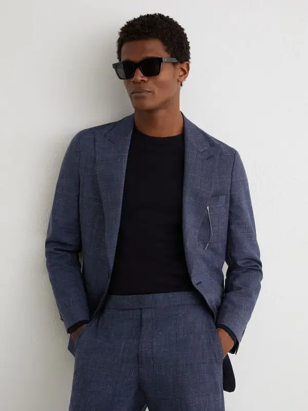 REISS Wool-blend Check Classic-fit Suit Trousers - Navy