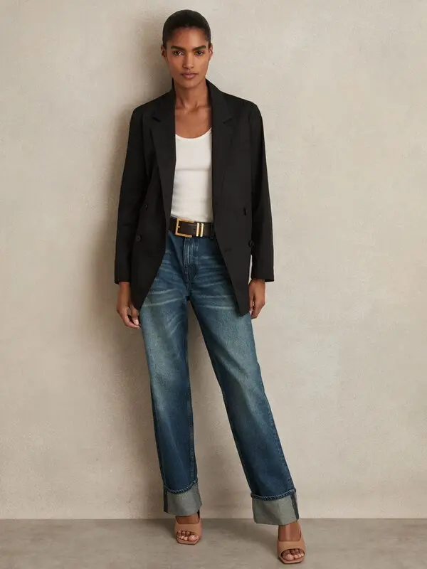 REISS Cotton Blend Double Breasted Belted Jacket