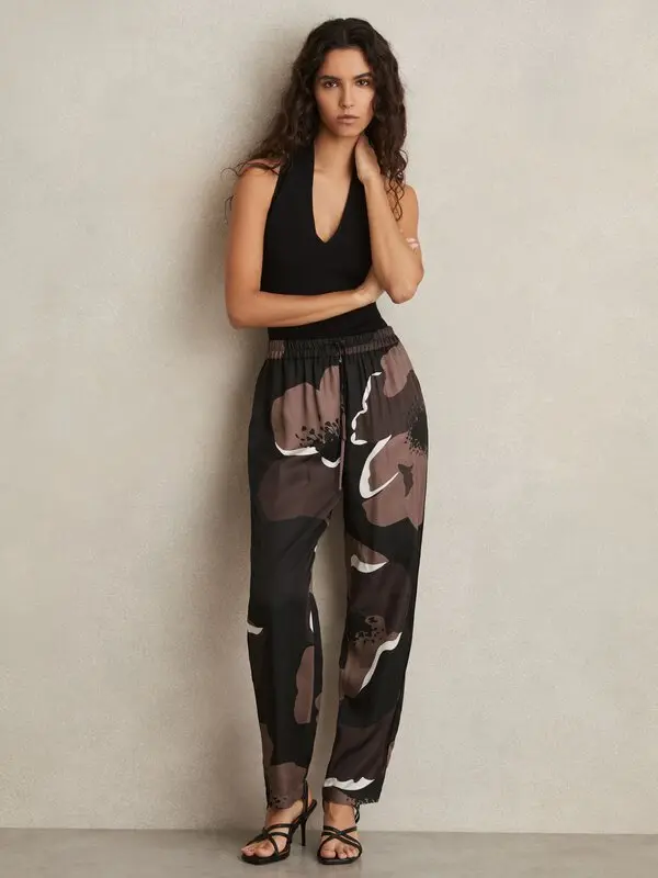 REISS Black & Brown Floral-print Wide-leg Trousers - Black/brown