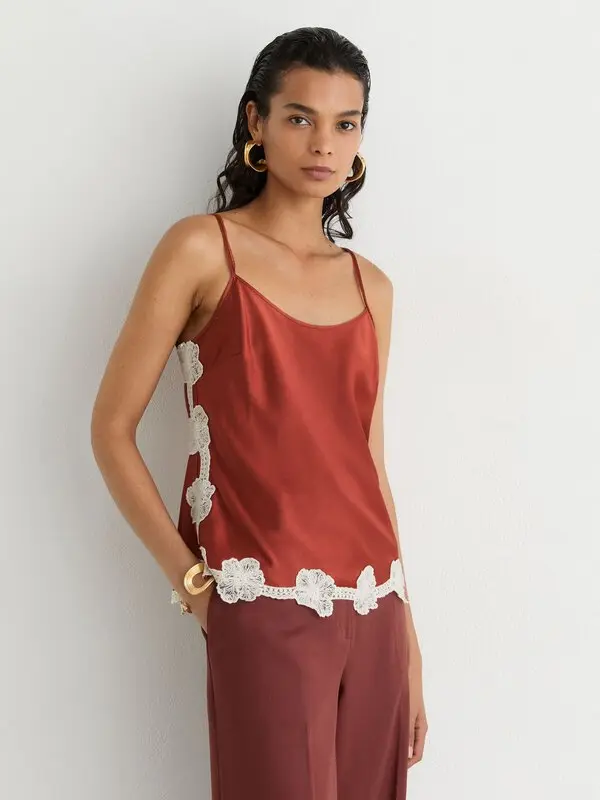 REISS Satin Floral-lace Trim Cami Top
