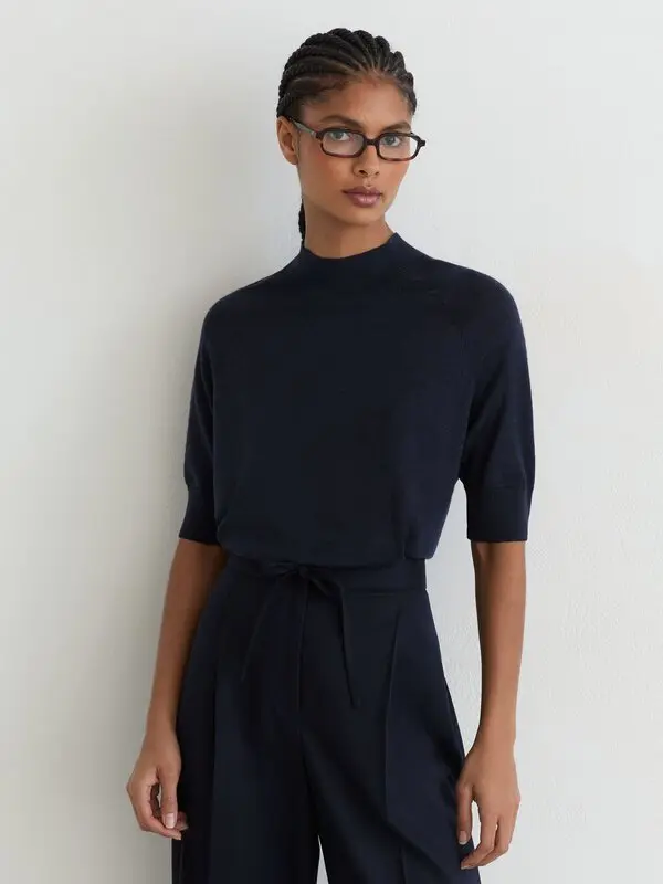 REISS Merino Wool Funnel-neck Top - Navy
