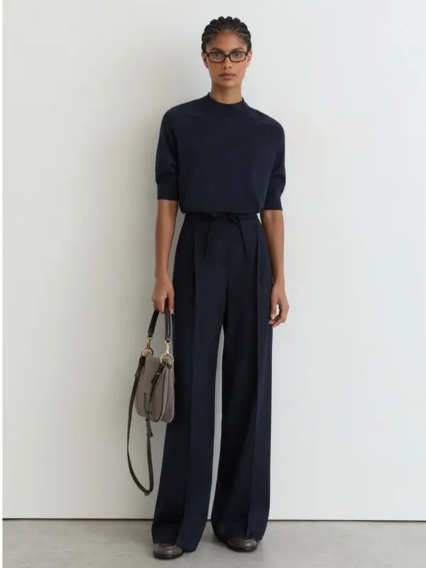 REISS Merino Wool Funnel-neck Top - Navy