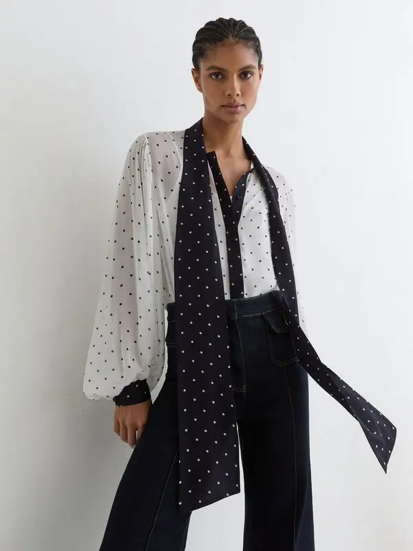 REISS Polka-dot Tie-neck Blouse