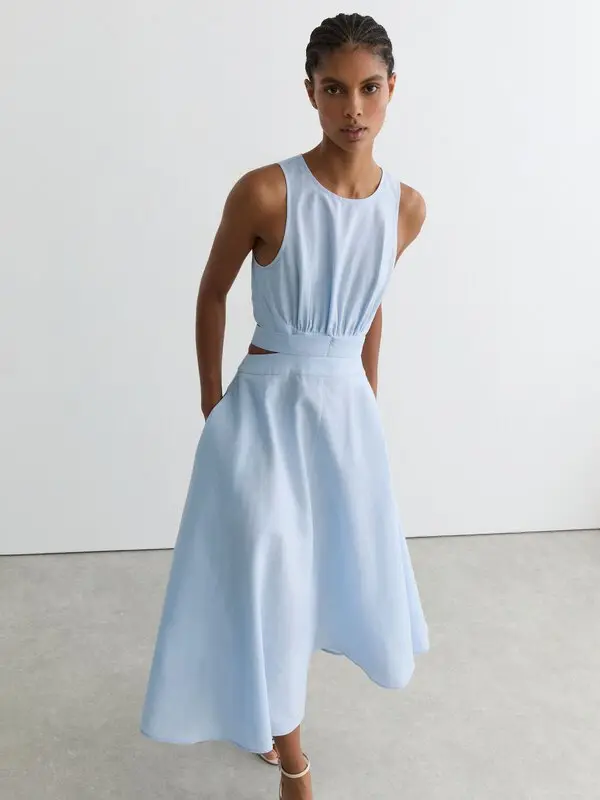 REISS Linen-cotton Cut-out Midi Dress - Blue