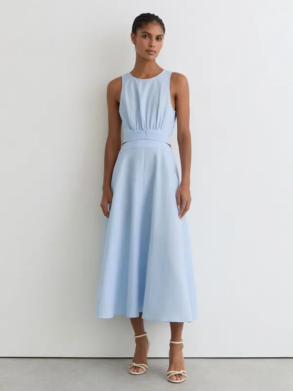 REISS Linen-cotton Cut-out Midi Dress - Blue