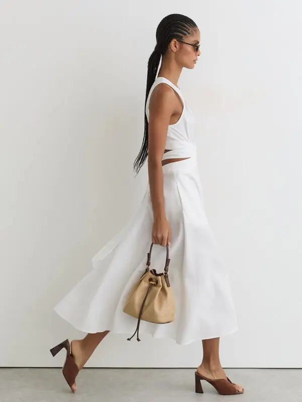 REISS Linen-cotton Cut-out Midi Dress - Cream