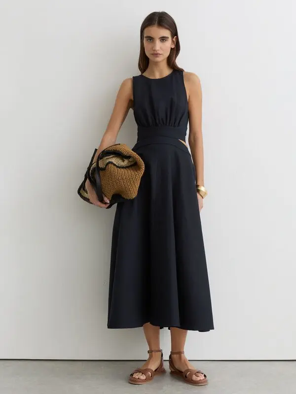 REISS Linen-cotton Cut-out Midi Dress - Navy