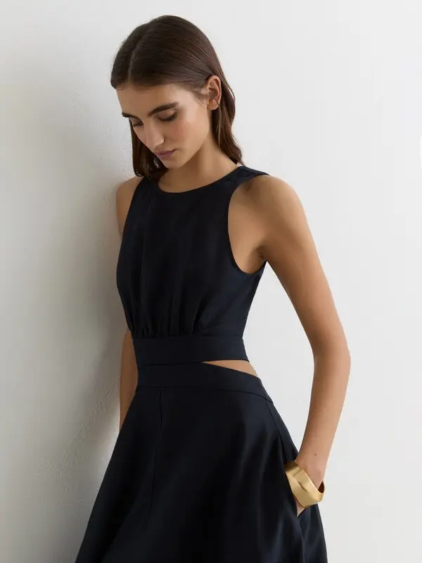 REISS Linen-cotton Cut-out Midi Dress - Navy