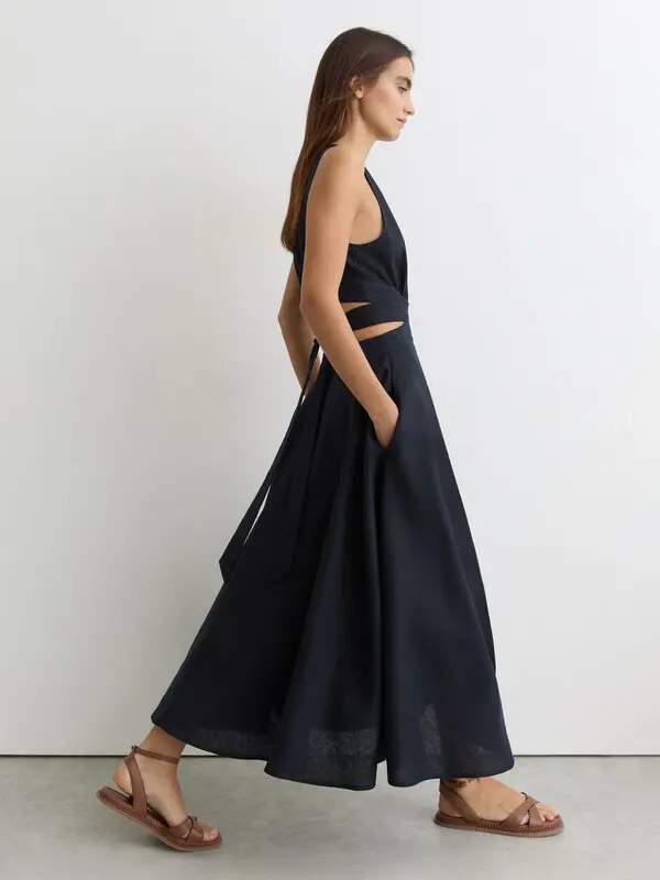 REISS Linen-cotton Cut-out Midi Dress - Navy