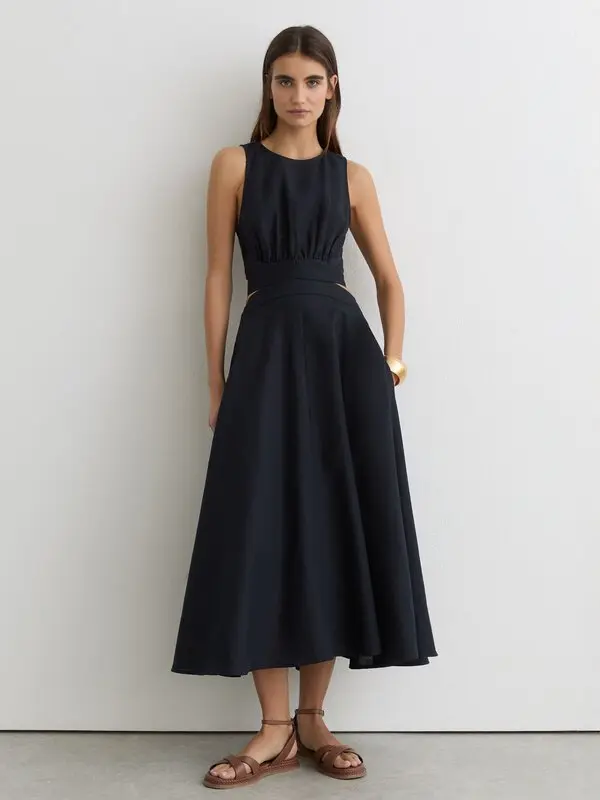 REISS Linen-cotton Cut-out Midi Dress - Navy