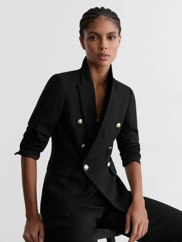REISS Tailored Fit Textured Double Breasted Blazer - Black