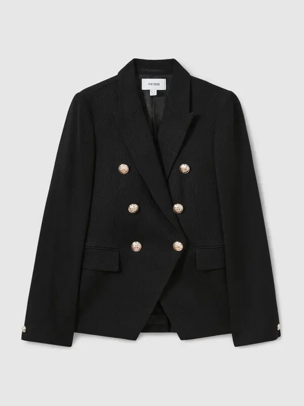 REISS Tailored Fit Textured Double Breasted Blazer - Black