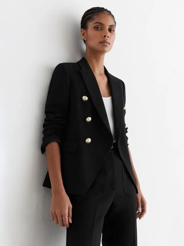 REISS Tailored Fit Textured Double Breasted Blazer - Black