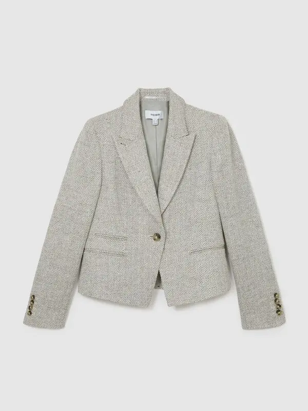 REISS Herringbone Linen-blend Cropped Suit Blazer