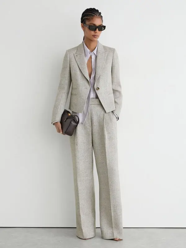 REISS Herringbone Linen-blend Cropped Suit Blazer