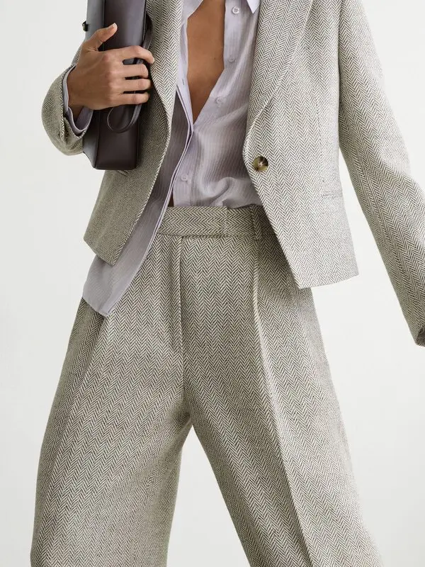 REISS Herringbone Linen-blend Cropped Suit Blazer