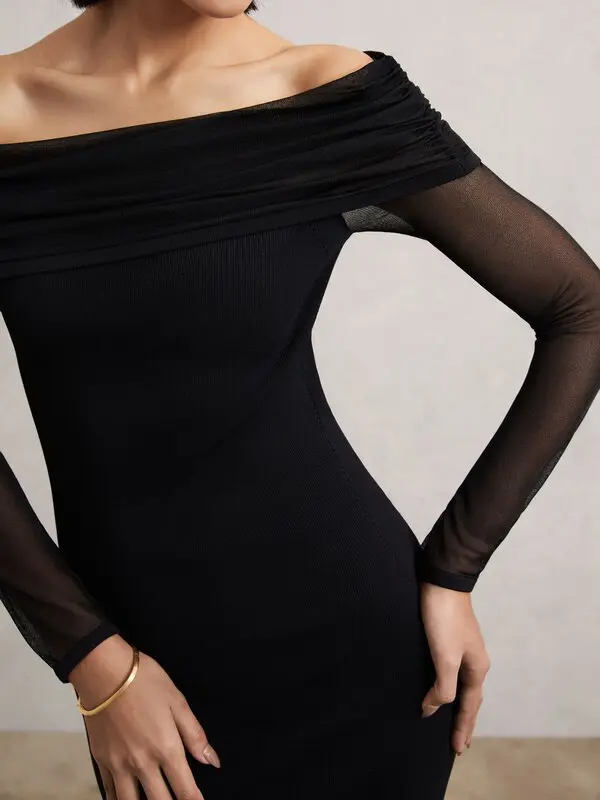 REISS Sheer-sleeve Knit Midi Dress