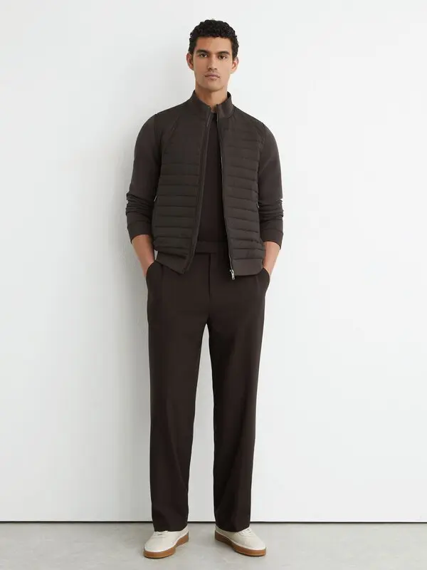 REISS Hybrid Quilt And Interlock Zip Jacket - Chocolate Brown