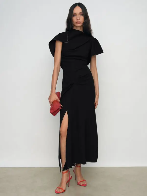 REISS Asymmetric Draped Midi Dress - Black