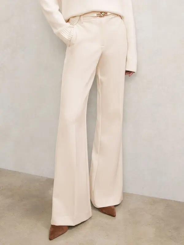 REISS Flared Knot-hardware Belted Trousers - Cream