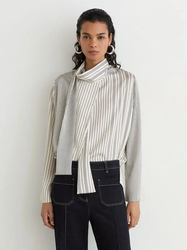 REISS Striped Scarf-neck Blouse - Cream/navy