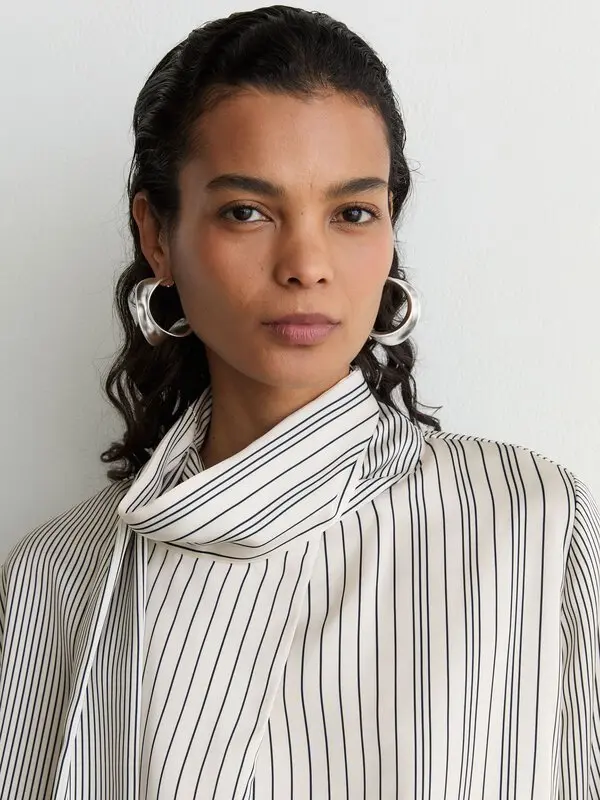 REISS Striped Scarf-neck Blouse - Cream/navy