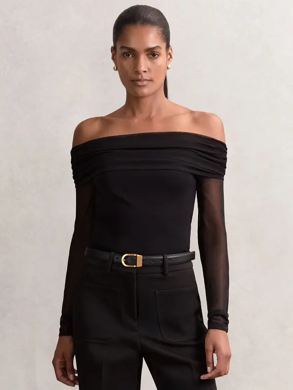 REISS Sheer Mesh Bardot Top