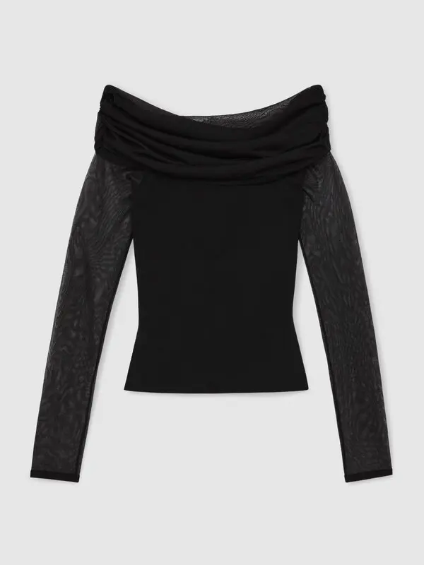 REISS Sheer Mesh Bardot Top