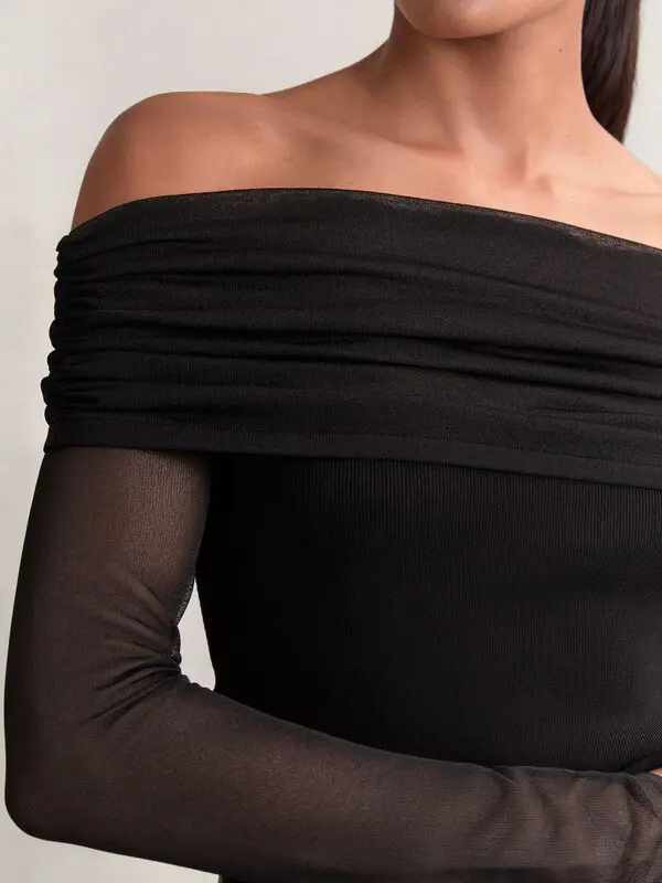 REISS Sheer Mesh Bardot Top