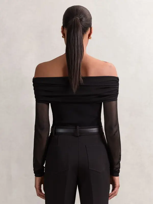 REISS Sheer Mesh Bardot Top
