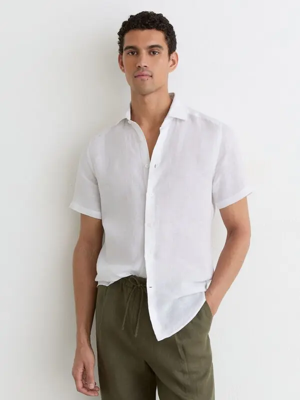 REISS Slim Fit Linen Button-through Shirt - White