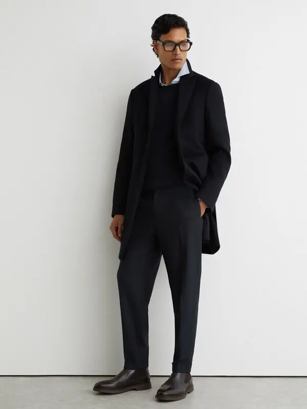 REISS Wool-blend Single-breasted Overcoat - Navy